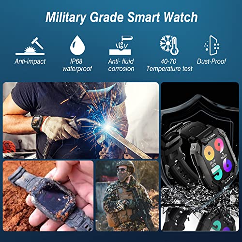 Military Smart Watch for Men, 1.7''HD Smartwatch Compatible Android and iPhone Outdoor Tactical Sports Watch Fitness Tracker with Heart Rate, Blood Oxygen Monitor, Pedometer, Tactical Watch Black