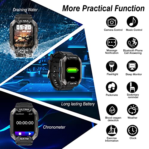 Military Smart Watch for Men, 1.7''HD Smartwatch Compatible Android and iPhone Outdoor Tactical Sports Watch Fitness Tracker with Heart Rate, Blood Oxygen Monitor, Pedometer, Tactical Watch Black