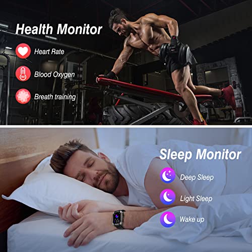 Military Smart Watch for Men, 1.7''HD Smartwatch Compatible Android and iPhone Outdoor Tactical Sports Watch Fitness Tracker with Heart Rate, Blood Oxygen Monitor, Pedometer, Tactical Watch Black