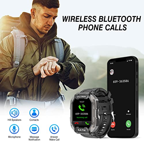 Military Smart Watch for Men, 1.7''HD Smartwatch Compatible Android and iPhone Outdoor Tactical Sports Watch Fitness Tracker with Heart Rate, Blood Oxygen Monitor, Pedometer, Tactical Watch Black