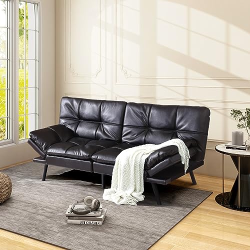 QAIIOO Futon Couch Modern Convertible Memory Foam, Faux Leather Loveseat Folding Sleeper Sofa Bed, Apartment, Dorm, Bonus Room, 71" D x 33" W x 31.5" H, Black 03