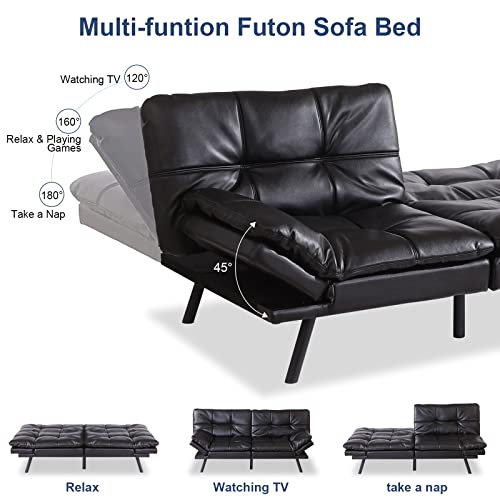 QAIIOO Futon Couch Modern Convertible Memory Foam, Faux Leather Loveseat Folding Sleeper Sofa Bed, Apartment, Dorm, Bonus Room, 71" D x 33" W x 31.5" H, Black 03