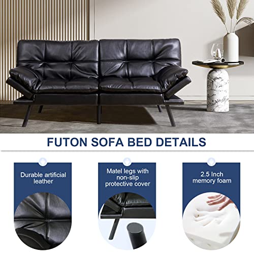 QAIIOO Futon Couch Modern Convertible Memory Foam, Faux Leather Loveseat Folding Sleeper Sofa Bed, Apartment, Dorm, Bonus Room, 71" D x 33" W x 31.5" H, Black 03