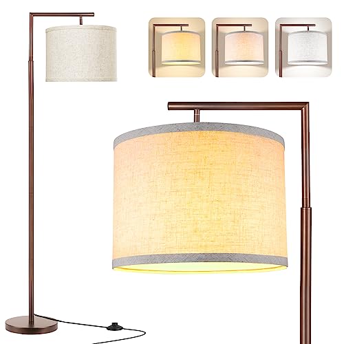 ROTTOGOON Floor Lamp for Living Room with 3-Color Temperature 9W LED Bulb, Modern Standing Lamp with Linen Beige Shade & Foot Switch, Tall Pole Lamp for Bedroom, Study Room, Office, Kids Room (Brown)