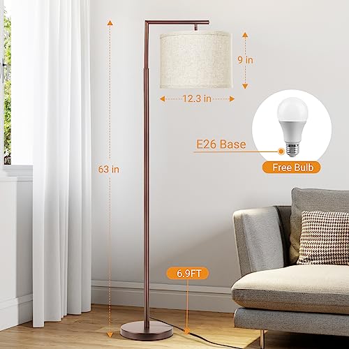 ROTTOGOON Floor Lamp for Living Room with 3-Color Temperature 9W LED Bulb, Modern Standing Lamp with Linen Beige Shade & Foot Switch, Tall Pole Lamp for Bedroom, Study Room, Office, Kids Room (Brown)