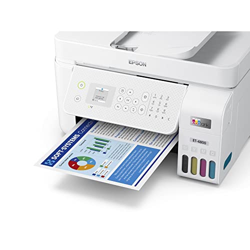 Epson EcoTank ET-48 00 Series Wireless All-in-One Color Inkjet Printer - Print Copy Scan Fax - Mobile & Voice-Activated Printing - Ethernet USB Connectivity - Print Up to 10 ppm - 1.44" LCD - ADF