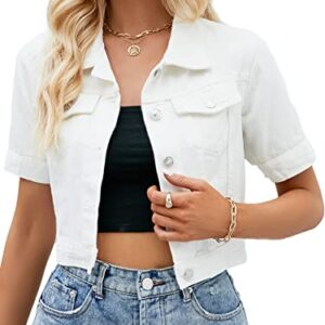 Ladyful Womens Cropped Denim Jacket Short Sleeve Button Down Casual Distressed Jean Jacket Outerwear