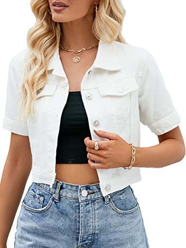 Ladyful Womens Cropped Denim Jacket Short Sleeve Button Down Casual Distressed Jean Jacket Outerwear