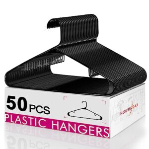 house day black plastic hangers 50 pack, plastic clothes hangers shirt hangers, space saving plastic coat hangers for closet, clothing hangers adult hangers for shirts, coats, skirt, dress