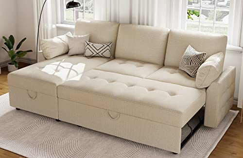 PaPaJet Pull Out Sofa Bed, Modern Tufted Convertible Sleeper Sofa, L Shaped Couch with Storage Chaise, Chenille Sectional Bed for Living Room (Beige)