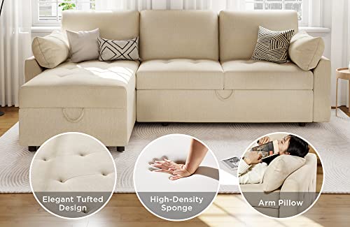 PaPaJet Pull Out Sofa Bed, Modern Tufted Convertible Sleeper Sofa, L Shaped Couch with Storage Chaise, Chenille Sectional Bed for Living Room (Beige)