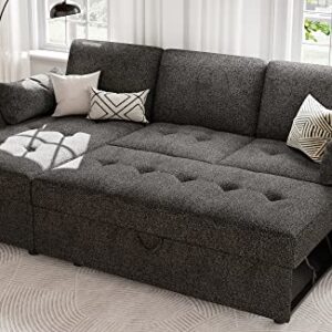 PaPaJet Pull Out Sofa Bed, Modern Tufted Convertible Sleeper Sofa, L Shaped Sofa Couch with Storage Chaise, Chenille Sectional Couch Bed for Living Room (Dark Grey)