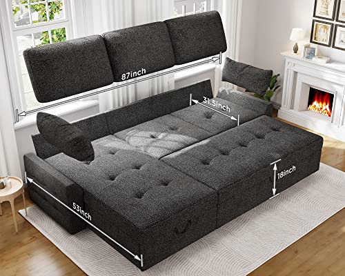 PaPaJet Pull Out Sofa Bed, Modern Tufted Convertible Sleeper Sofa, L Shaped Sofa Couch with Storage Chaise, Chenille Sectional Couch Bed for Living Room (Dark Grey)