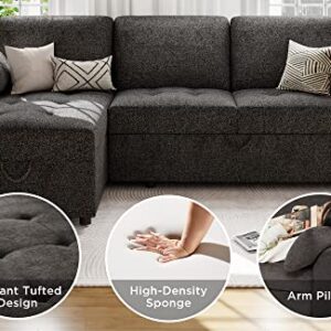 PaPaJet Pull Out Sofa Bed, Modern Tufted Convertible Sleeper Sofa, L Shaped Sofa Couch with Storage Chaise, Chenille Sectional Couch Bed for Living Room (Dark Grey)