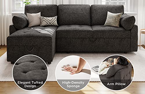 PaPaJet Pull Out Sofa Bed, Modern Tufted Convertible Sleeper Sofa, L Shaped Sofa Couch with Storage Chaise, Chenille Sectional Couch Bed for Living Room (Dark Grey)