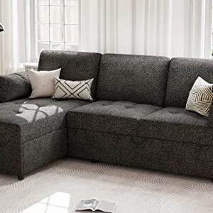 PaPaJet Pull Out Sofa Bed, Modern Tufted Convertible Sleeper Sofa, L Shaped Sofa Couch with Storage Chaise, Chenille Sectional Couch Bed for Living Room (Dark Grey)