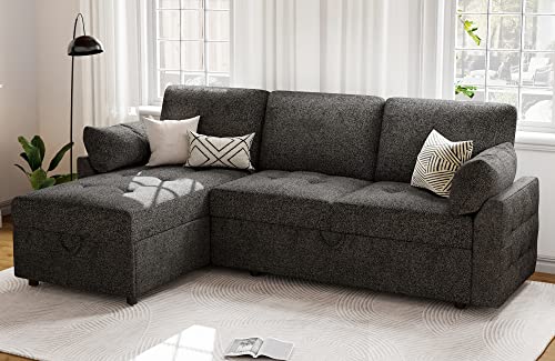 PaPaJet Pull Out Sofa Bed, Modern Tufted Convertible Sleeper Sofa, L Shaped Sofa Couch with Storage Chaise, Chenille Sectional Couch Bed for Living Room (Dark Grey)