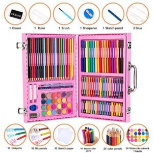 Ayliwee Art Set，Portable Drawing Painting Art Supplies，Gifts for Kids Girls Boys Teens Adults 6-8-9-12 ，Coloring Art Kit Gift Case: Crayons, Oil Pastels,Colored Pencils, Watercolors case,Paper (Pink)