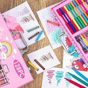 Ayliwee Art Set，Portable Drawing Painting Art Supplies，Gifts for Kids Girls Boys Teens Adults 6-8-9-12 ，Coloring Art Kit Gift Case: Crayons, Oil Pastels,Colored Pencils, Watercolors case,Paper (Pink)