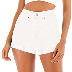 Cuihur Women's Casual High Waisted Stretchy Denim Shorts Ripped Folded Hem Jeans Shorts White 16