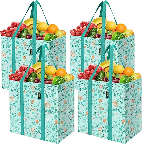 BALEINE 4 PK Grocery Bags Reusable Shopping Bags with Reinforced Bottom, Heavy Duty Foldable Tote Bags (Spring Stroll)