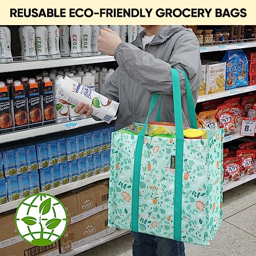 BALEINE 4 PK Grocery Bags Reusable Shopping Bags with Reinforced Bottom, Heavy Duty Foldable Tote Bags (Spring Stroll)