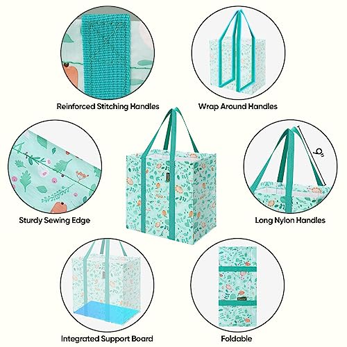 BALEINE 4 PK Grocery Bags Reusable Shopping Bags with Reinforced Bottom, Heavy Duty Foldable Tote Bags (Spring Stroll)