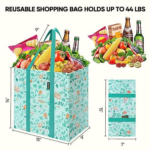 BALEINE 4 PK Grocery Bags Reusable Shopping Bags with Reinforced Bottom, Heavy Duty Foldable Tote Bags (Spring Stroll)