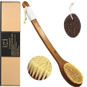 icandoit-17.71inch natural stiff sisal bristles anti-slip long handle bath brush,bent handle shower scrubber for exfoliating,shower back brush,exfoliation set with pumice stone(1 pack)