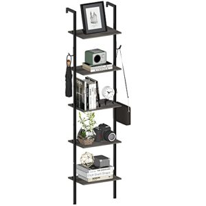 Tohomeor Retro Bookshelf Wall Mounted 5-Tiers Ladder Shelf Dark Grey Narrow Thin Bookshelf Farm House Open Display Storage Rack for Living Room Bedroom Home Office