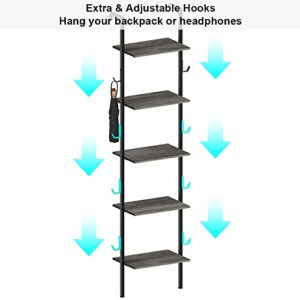 Tohomeor Retro Bookshelf Wall Mounted 5-Tiers Ladder Shelf Dark Grey Narrow Thin Bookshelf Farm House Open Display Storage Rack for Living Room Bedroom Home Office