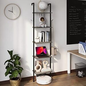 Tohomeor Retro Bookshelf Wall Mounted 5-Tiers Ladder Shelf Dark Grey Narrow Thin Bookshelf Farm House Open Display Storage Rack for Living Room Bedroom Home Office