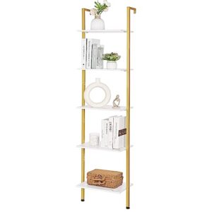 elyken ladder shelf, gold and white 5-tier wood wall mounted bookshelf with metal frame, modern open display organizer rack, leaning storage shelves for living room, bedroom, home office