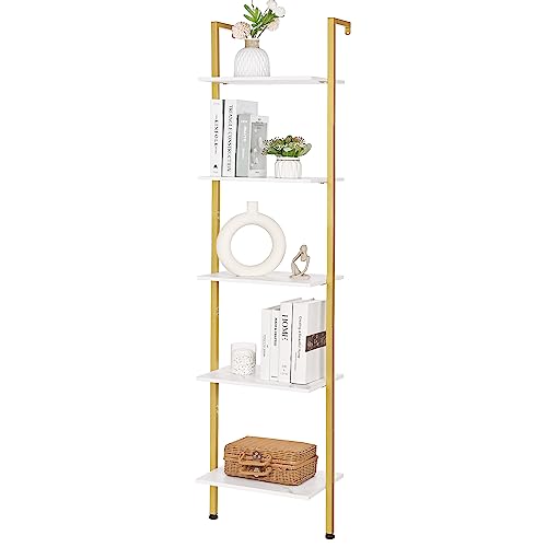 ELYKEN Ladder Shelf, Gold and White 5-Tier Wood Wall Mounted Bookshelf with Metal Frame, Modern Open Display Organizer Rack, Leaning Storage Shelves for Living Room, Bedroom, Home Office