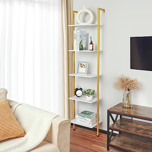 ELYKEN Ladder Shelf, Gold and White 5-Tier Wood Wall Mounted Bookshelf with Metal Frame, Modern Open Display Organizer Rack, Leaning Storage Shelves for Living Room, Bedroom, Home Office