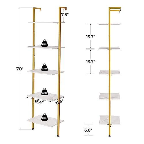 ELYKEN Ladder Shelf, Gold and White 5-Tier Wood Wall Mounted Bookshelf with Metal Frame, Modern Open Display Organizer Rack, Leaning Storage Shelves for Living Room, Bedroom, Home Office