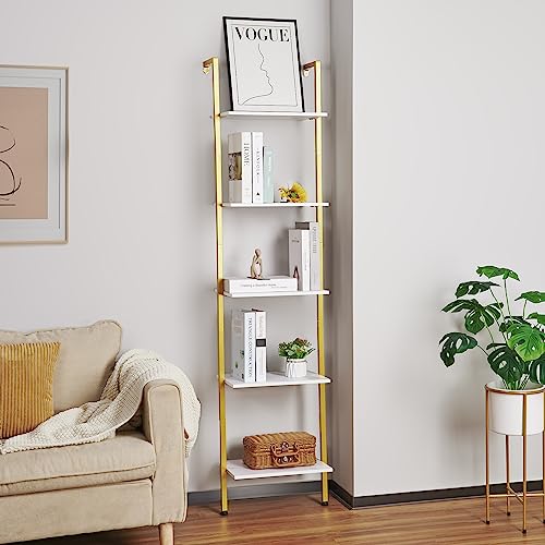 ELYKEN Ladder Shelf, Gold and White 5-Tier Wood Wall Mounted Bookshelf with Metal Frame, Modern Open Display Organizer Rack, Leaning Storage Shelves for Living Room, Bedroom, Home Office