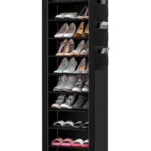 NiHome 10-Tier Tall Shoe Rack with Dustproof Waterproof Cover, Compact Narrow Shoe Rack Free Standing Shoe Storage Organizer for Closet Entryway, Metal Structure Vertical Shoe Shelf Tower, Black