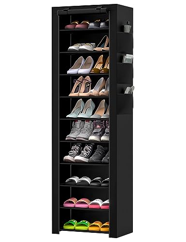 NiHome 10-Tier Tall Shoe Rack with Dustproof Waterproof Cover, Compact Narrow Shoe Rack Free Standing Shoe Storage Organizer for Closet Entryway, Metal Structure Vertical Shoe Shelf Tower, Black