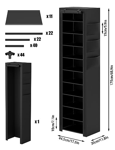 NiHome 10-Tier Tall Shoe Rack with Dustproof Waterproof Cover, Compact Narrow Shoe Rack Free Standing Shoe Storage Organizer for Closet Entryway, Metal Structure Vertical Shoe Shelf Tower, Black