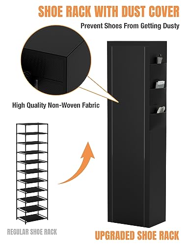 NiHome 10-Tier Tall Shoe Rack with Dustproof Waterproof Cover, Compact Narrow Shoe Rack Free Standing Shoe Storage Organizer for Closet Entryway, Metal Structure Vertical Shoe Shelf Tower, Black