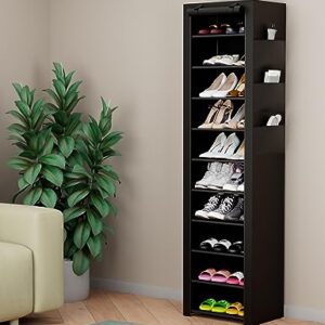 NiHome 10-Tier Tall Shoe Rack with Dustproof Waterproof Cover, Compact Narrow Shoe Rack Free Standing Shoe Storage Organizer for Closet Entryway, Metal Structure Vertical Shoe Shelf Tower, Black