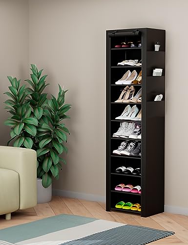 NiHome 10-Tier Tall Shoe Rack with Dustproof Waterproof Cover, Compact Narrow Shoe Rack Free Standing Shoe Storage Organizer for Closet Entryway, Metal Structure Vertical Shoe Shelf Tower, Black