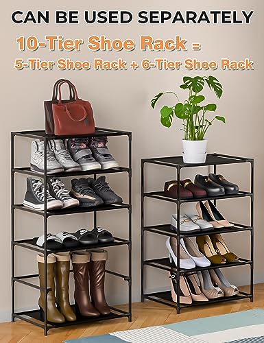 NiHome 10-Tier Tall Shoe Rack with Dustproof Waterproof Cover, Compact Narrow Shoe Rack Free Standing Shoe Storage Organizer for Closet Entryway, Metal Structure Vertical Shoe Shelf Tower, Black