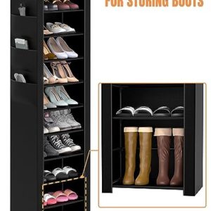 NiHome 10-Tier Tall Shoe Rack with Dustproof Waterproof Cover, Compact Narrow Shoe Rack Free Standing Shoe Storage Organizer for Closet Entryway, Metal Structure Vertical Shoe Shelf Tower, Black