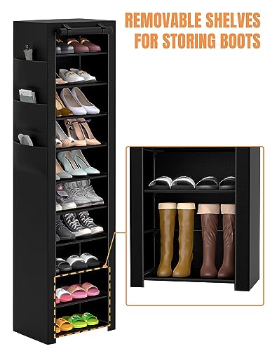 NiHome 10-Tier Tall Shoe Rack with Dustproof Waterproof Cover, Compact Narrow Shoe Rack Free Standing Shoe Storage Organizer for Closet Entryway, Metal Structure Vertical Shoe Shelf Tower, Black