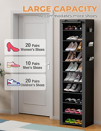 NiHome 10-Tier Tall Shoe Rack with Dustproof Waterproof Cover, Compact Narrow Shoe Rack Free Standing Shoe Storage Organizer for Closet Entryway, Metal Structure Vertical Shoe Shelf Tower, Black