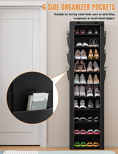 NiHome 10-Tier Tall Shoe Rack with Dustproof Waterproof Cover, Compact Narrow Shoe Rack Free Standing Shoe Storage Organizer for Closet Entryway, Metal Structure Vertical Shoe Shelf Tower, Black