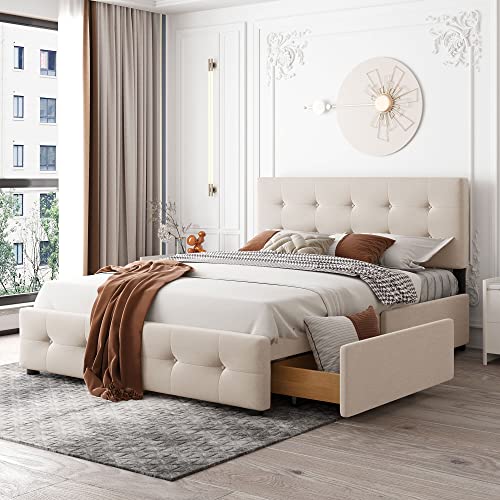 Wooden Queen Bed Frame Upholstered Platform Bed with Classic Headboard and 4 Drawers, No Box Spring Needed, Linen Fabric, Queen Size Beige