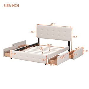 Wooden Queen Bed Frame Upholstered Platform Bed with Classic Headboard and 4 Drawers, No Box Spring Needed, Linen Fabric, Queen Size Beige